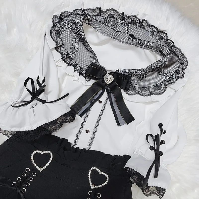 Kawaii Women Shirt Acetate Long Sleeve Blouse Y2K Japanese Style Full ...