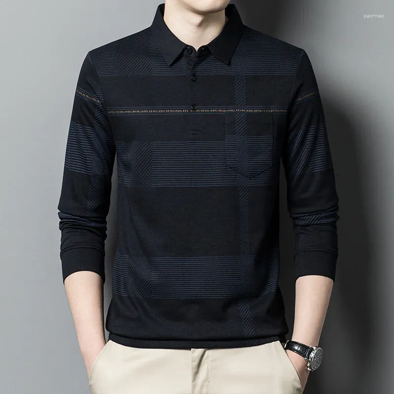 Men's Long-Sleeve Striped Polo Shirt with Pocket Casual Slim Fit ...