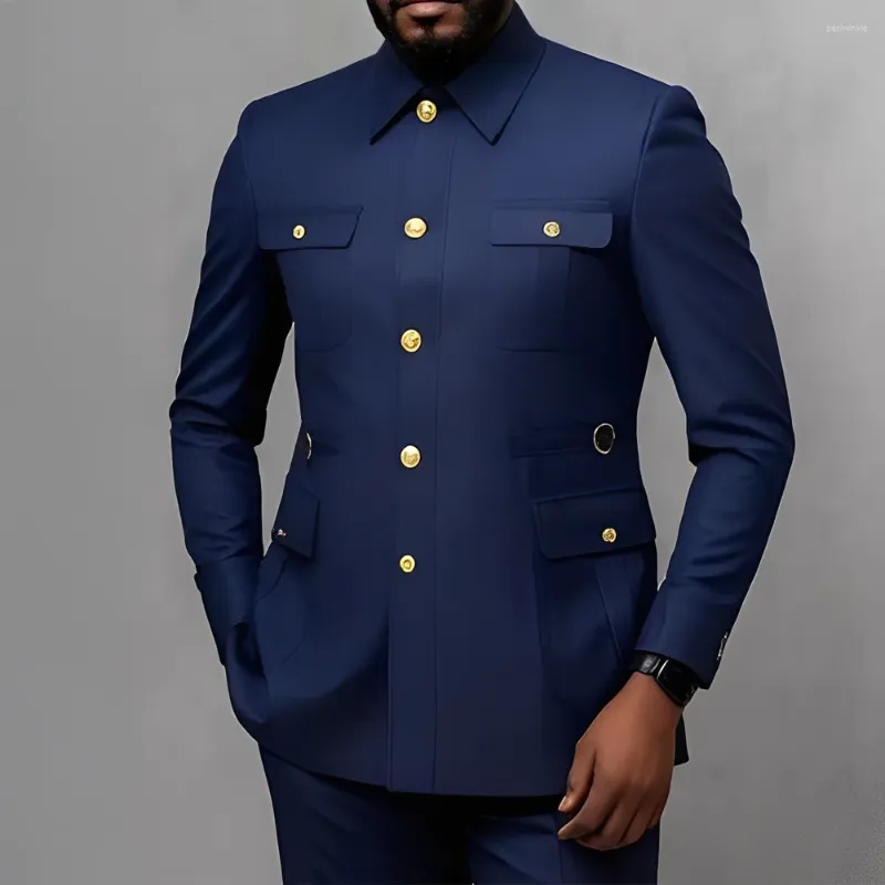 Men's Navy Blue 2-Piece Suit Stand Collar Blazer Polyester Knit Fabric ...