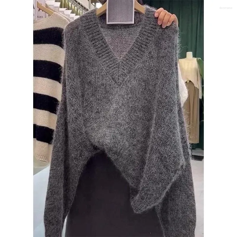 Women\u0026#039;s Gray V-Neck Loose Knit Pullover Sweater Casual Long ...