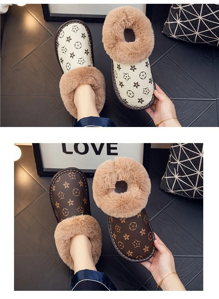 Waterproof Leather Surface Fleece-Lined Warm Indoor Home Women PVC ...