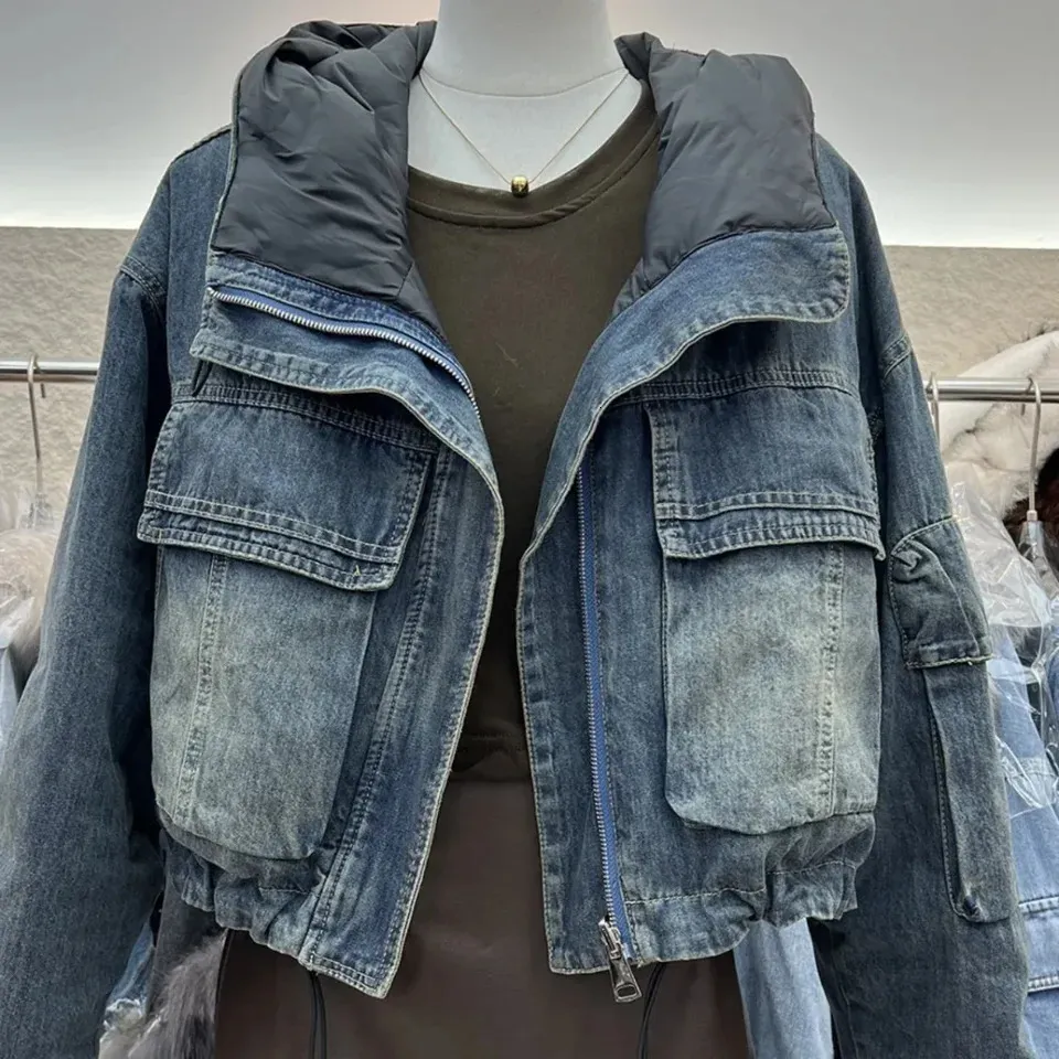 Vintage Hooded Denim Over Coat Womens Double-Sided Thick Jeans Short ...