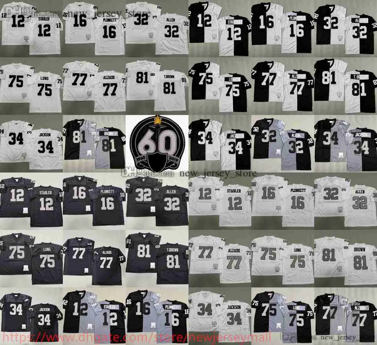 Vintage Throwback American Football Shirts Bo Jackson #34, Jim Plunkett ...