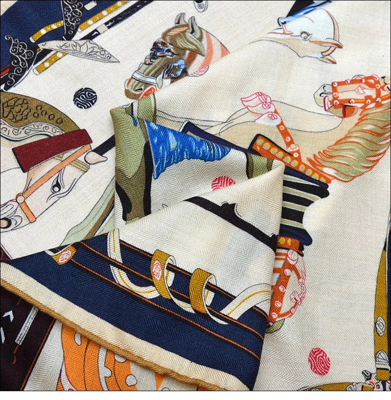 Beige silk wool blend scarf 35 × 35 in with herringbone pattern and ...