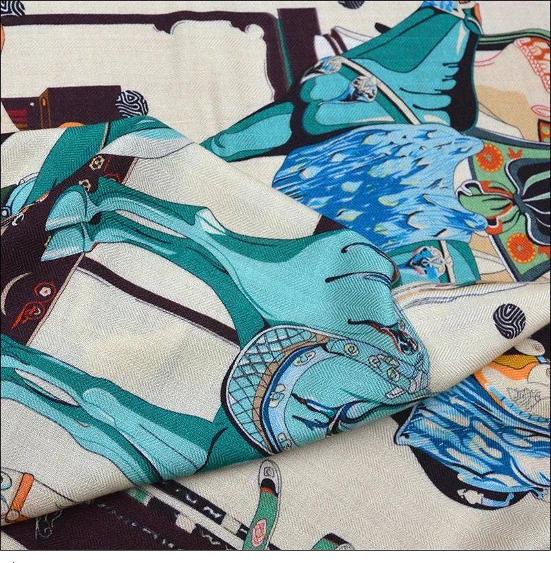 Beige silk wool blend scarf 35 × 35 in with herringbone pattern and ...