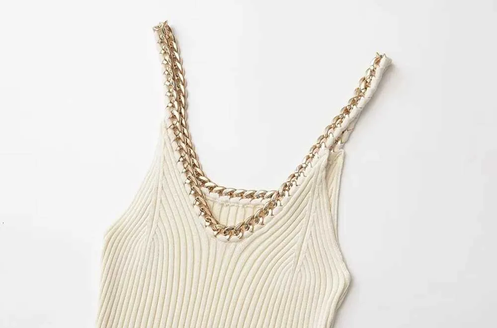 Ribbed Knit Tank Tops with Chains for Women V Neck Thin Straps Acetate ...
