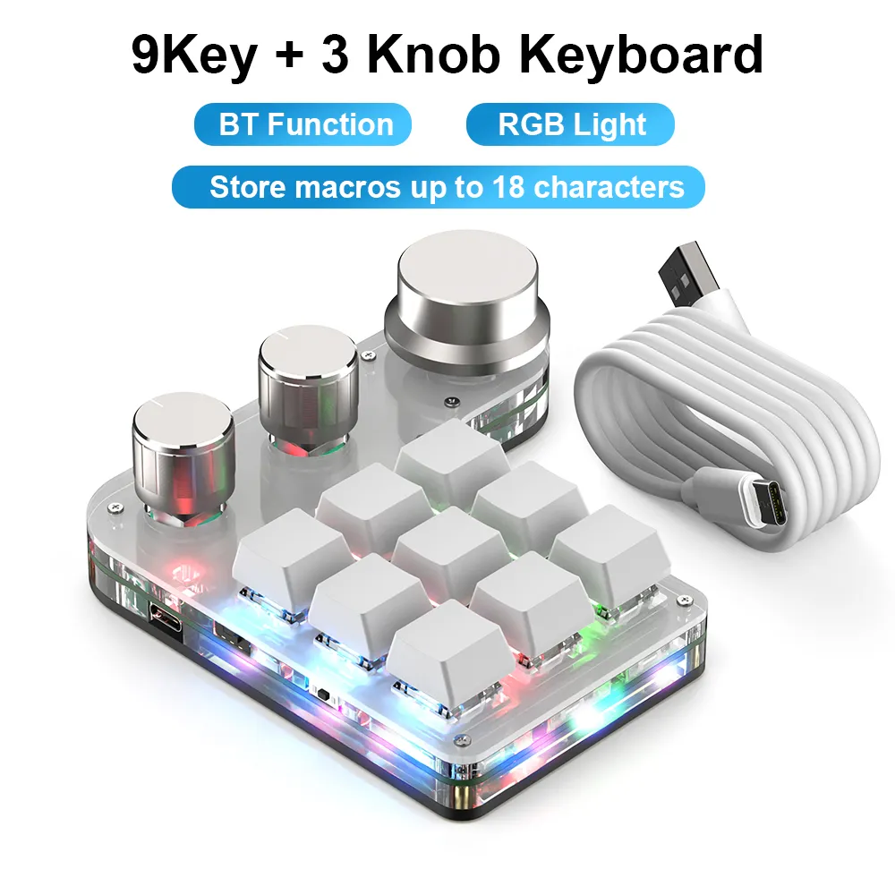 Mini 9 Key RGB Macro Keyboard With 18 Characters, 3 Acrylic Knobs ...