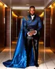 Blue Jacquard Slim Fit Men's Tux Cape Wedding With Cape Set For Groom ...