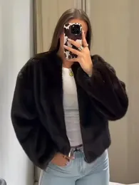 Women's Cropped Faux Fur Jacket Beige Collared Long Sleeve Warm Winter ...