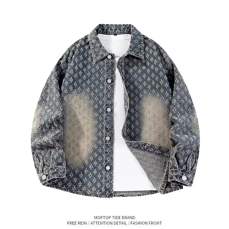 Washed Jacquard Denim Jacket With Floral Pattern – Oversized American ...
