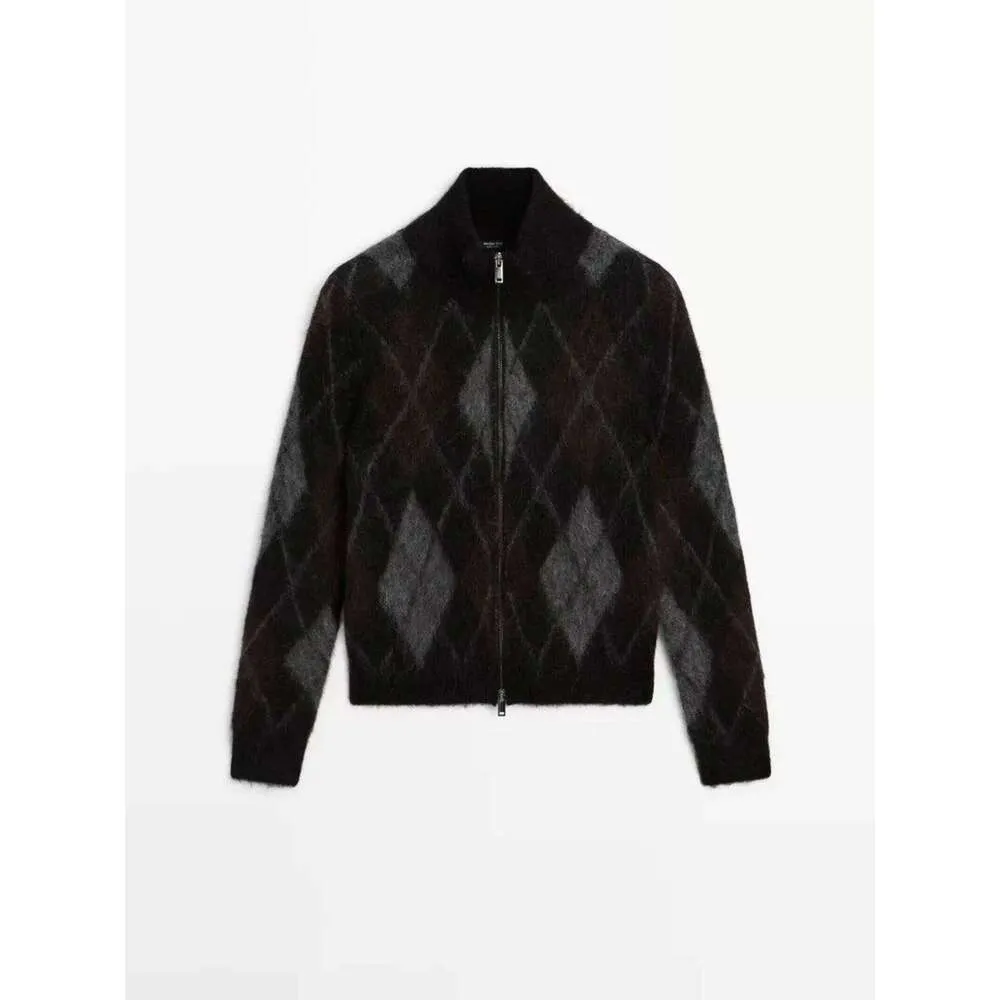 Diamond-Patterned Zipper Cardigan Sweater for Women, Acrylic, Regular ...