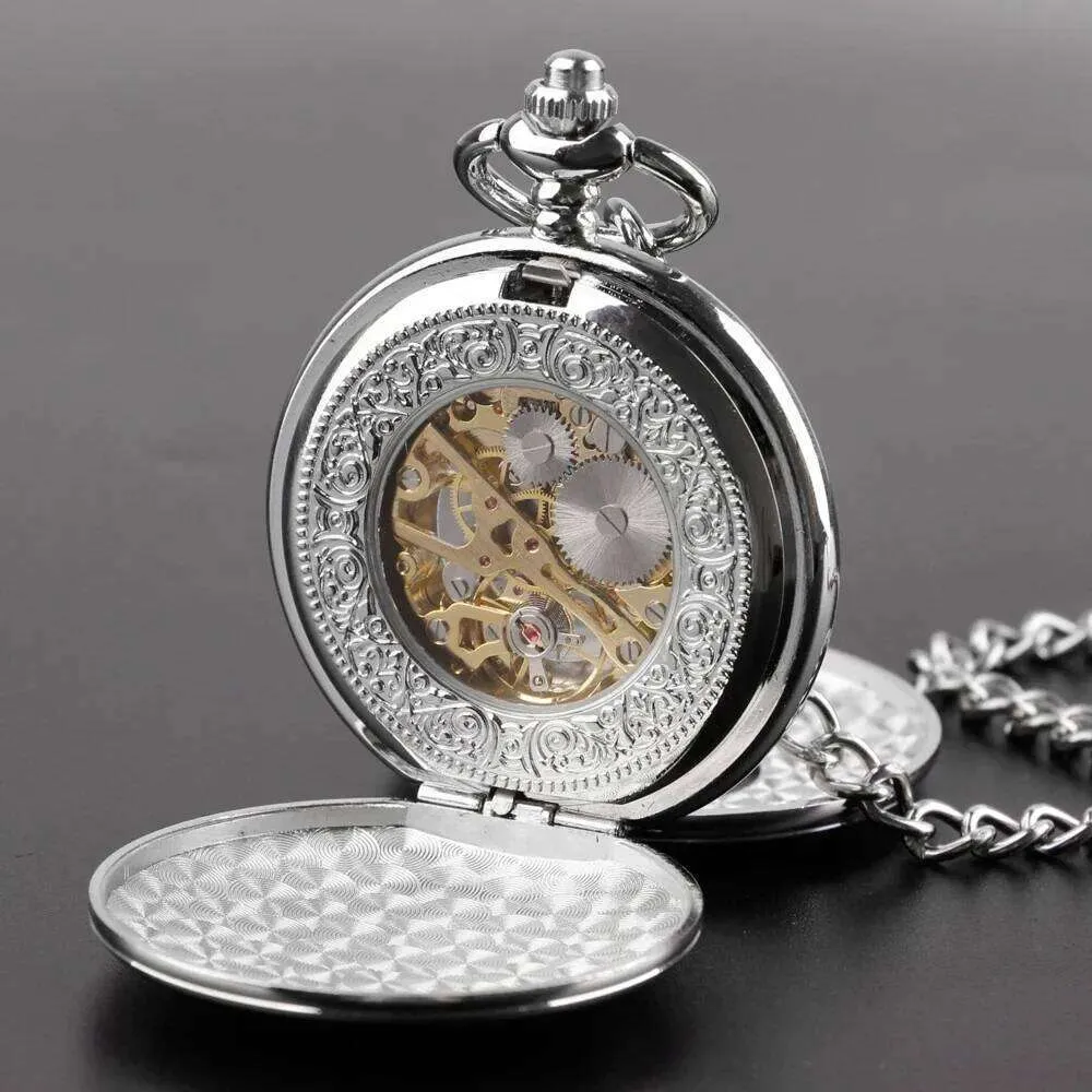 Mechanical Skeleton Carved Pocket Watch Necklace Pendant for Men with ...
