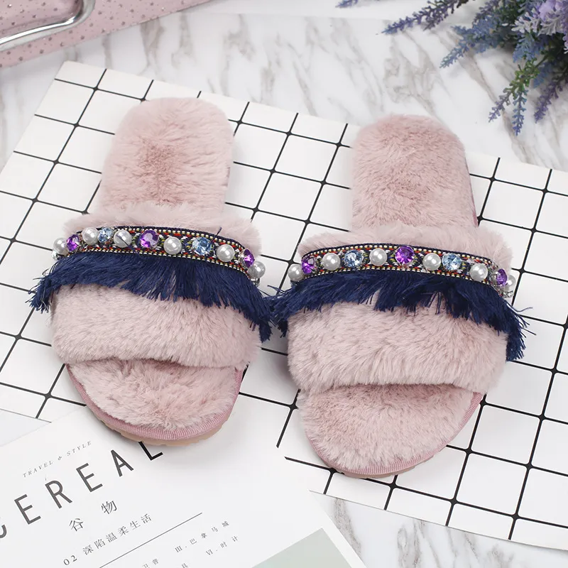Women's Colorful Beaded Fringe Slippers - Plush Cozy Fur Home Shoes ...