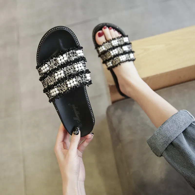 Comfy Plaid Fabric Beaded Slippers With Beaded Detailing For Women Open ...