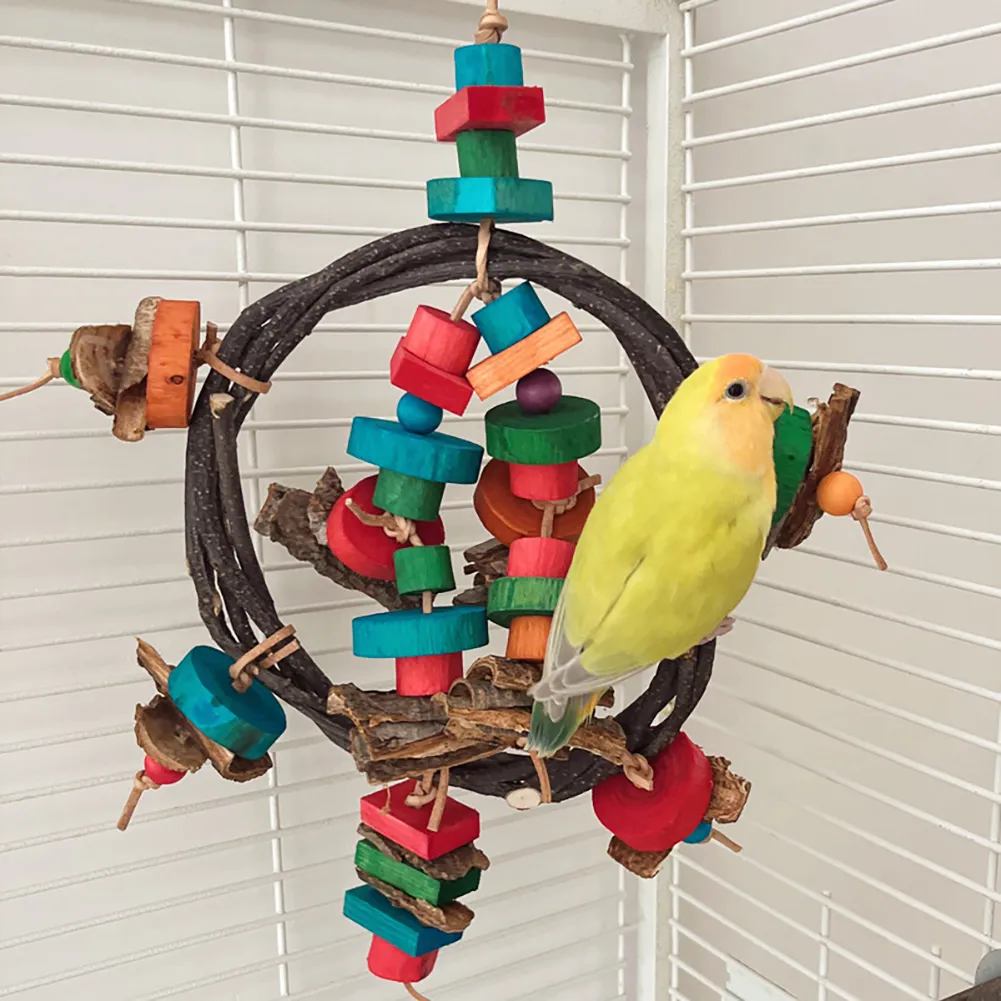 Vibrant Wooden Bird Toys: Natural Wood Chewing Blocks & Colorful Rope ...