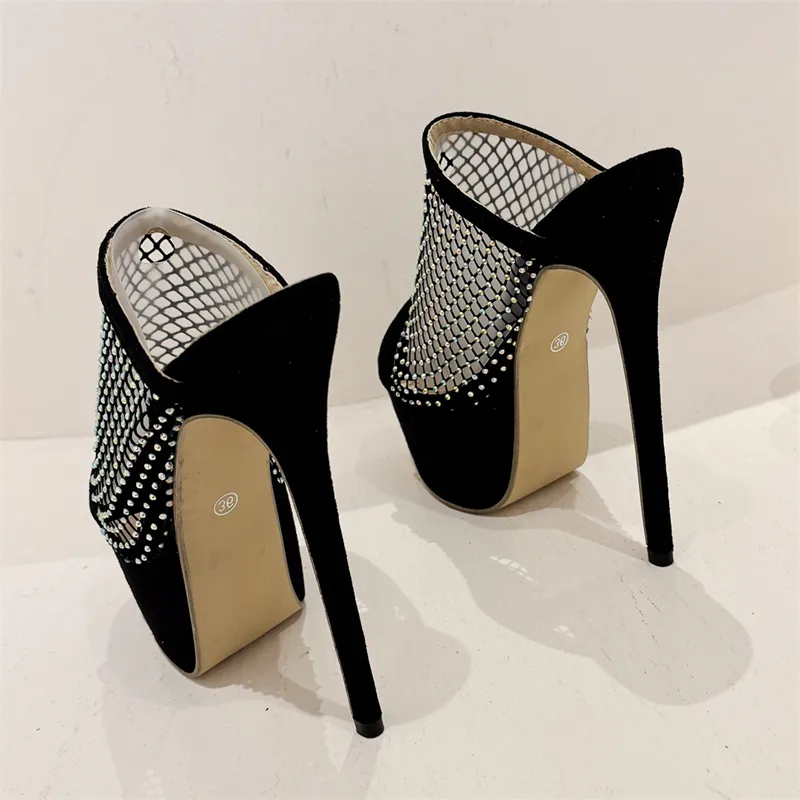 Eilyken CRYSTAL Mesh Fabric Peep Toe Stiletto Platform Heel Slippers ...