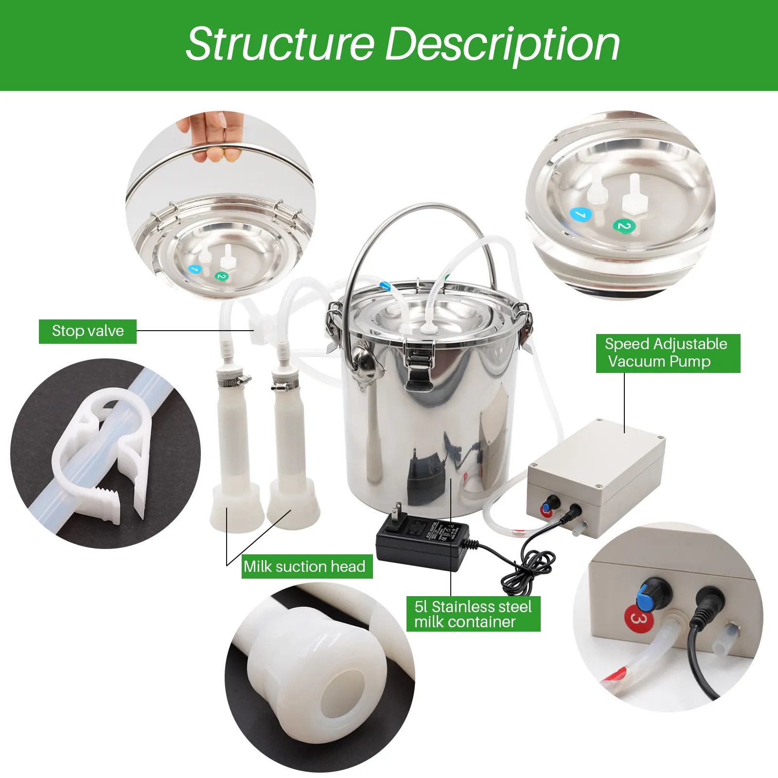 5L Cow Goat Electric Milking Machine Stainless Steel Milker Electric ...