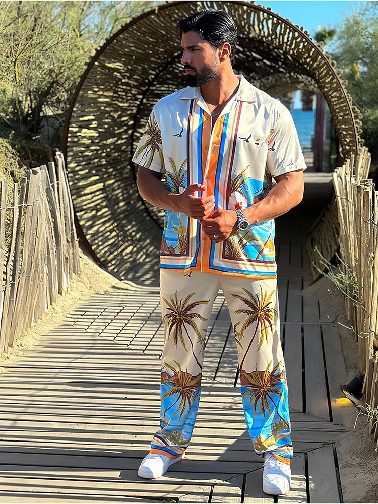 luotop08 Men s Hawaiian Themed Printed Shirt and Shorts Set