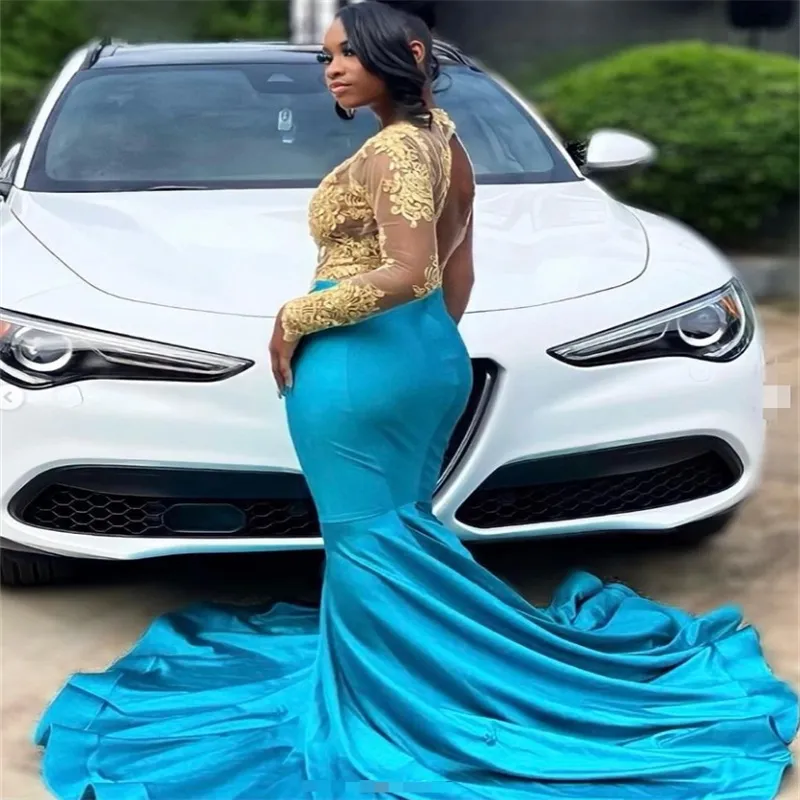 Blue and Gold One Shoulder Mermaid blue prom dress for Black Girls with ...