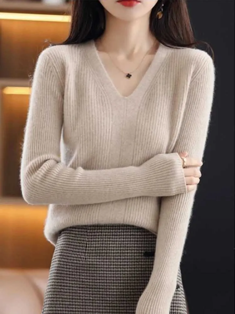 Women V-neck Sweater Loose Fit Acetate Pullover with Batwing Sleeves ...