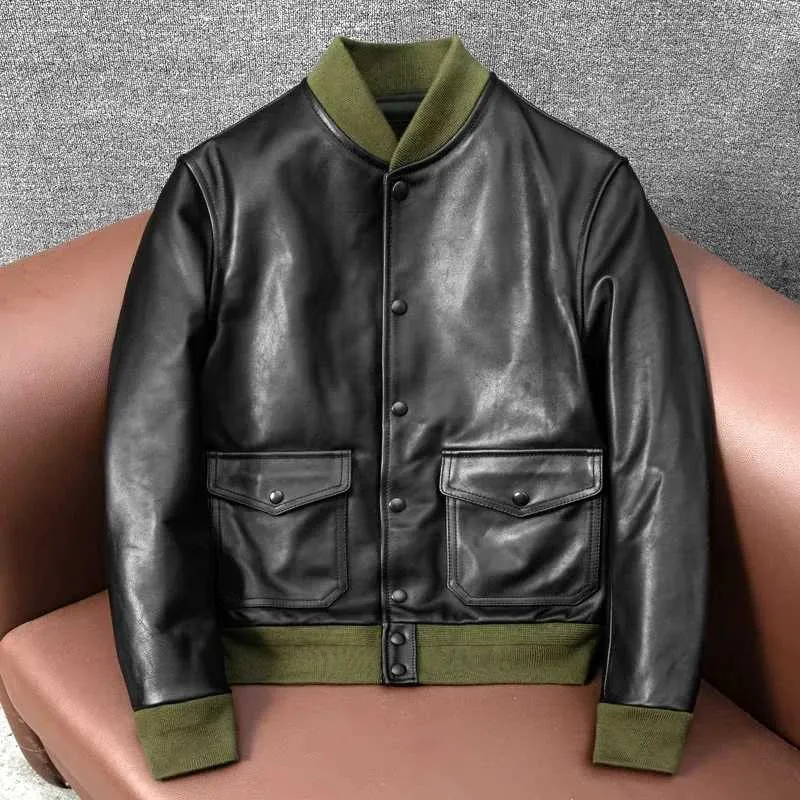 New Mens A1 Flight Suit Jacket First Layer Waxed Horse Leather Jacket ...