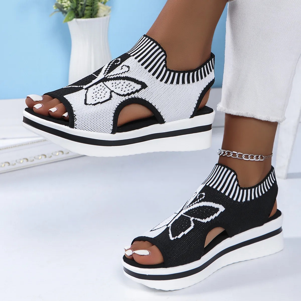 Plus Size Butterfly Flat Sandals: New Summer Mesh Platform Block ...