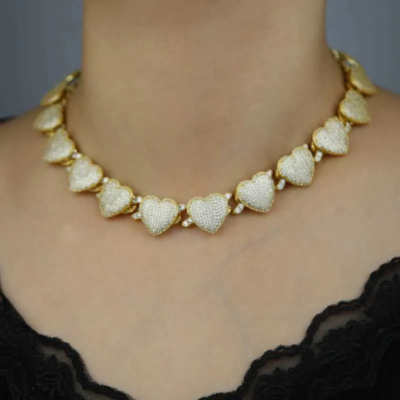 Full Iced Out Heart Cubic Zirconia Tennis Necklace - Cuban Chain Link ...