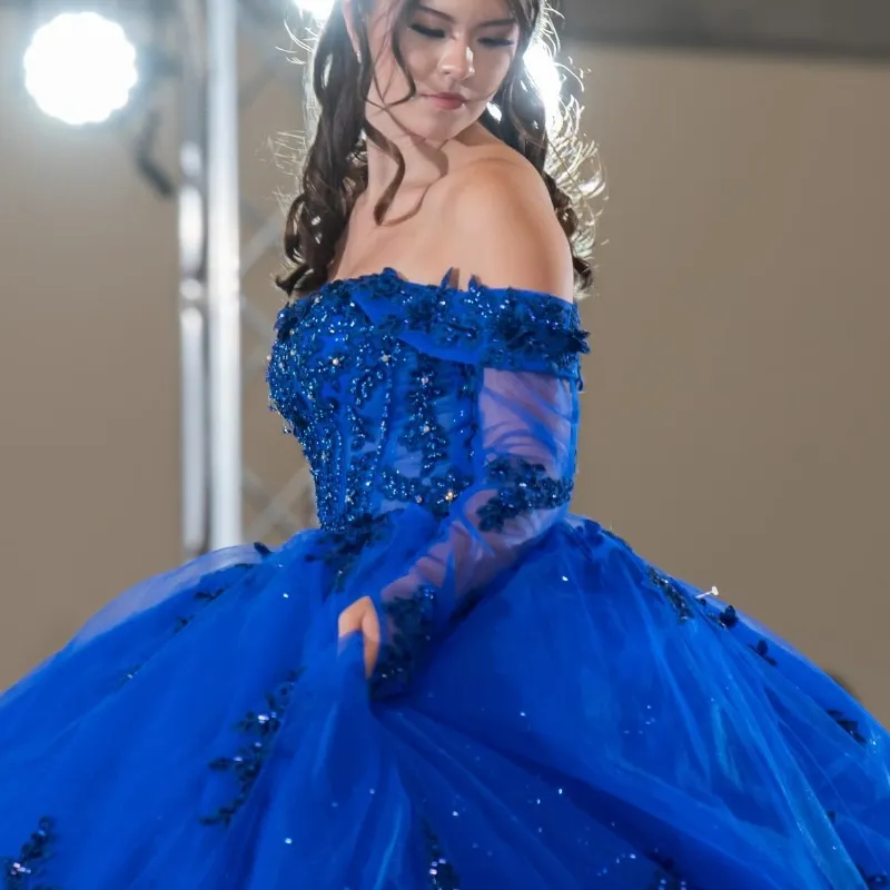 Elegant Royal Blue Quinceanera Gown: Off Shoulder Lace Applique Beaded Tulle Corset Ball Gown ...