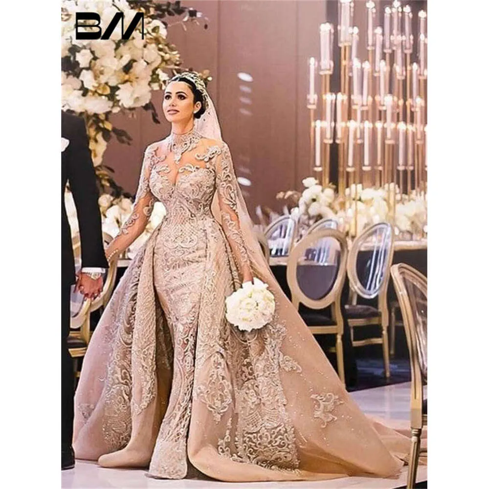 Illusion Cut Out High Neck Arabic Wedding Dress For Women With ...