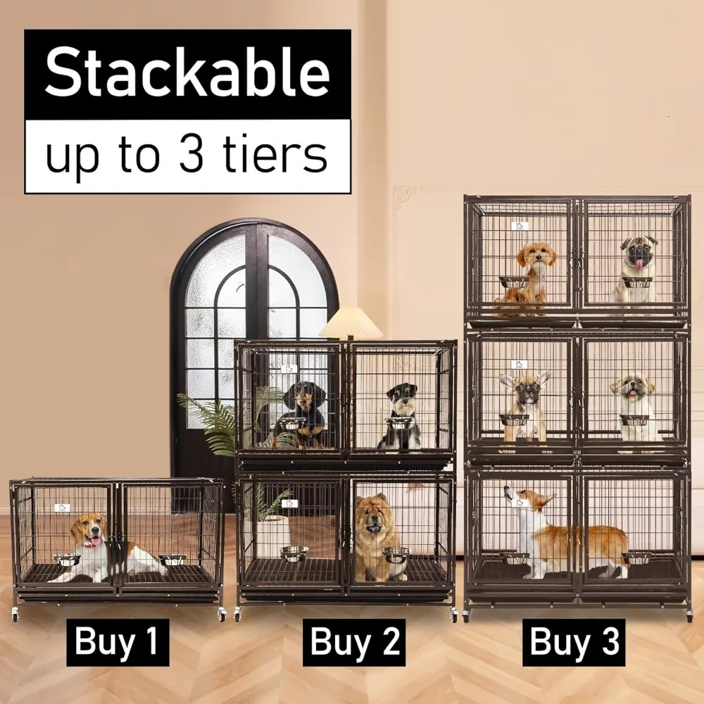 Metal Stackable Dog Cage With Lockable Tire Rack Wheels, Grid, Tray ...