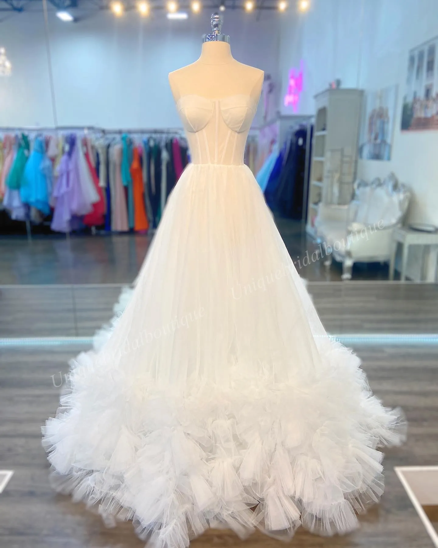 Smoke Blue Strapless Sweetheart Gown: Ruffled Sweep Train Prom Dress ...