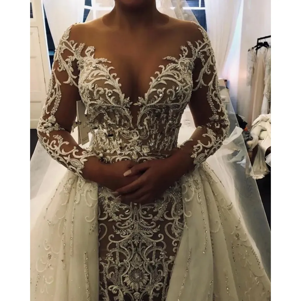 Exquise 2024 Robe De Mariée De Sirène Du Moyen Orient Avec Train Détachable À Manches Longues ...