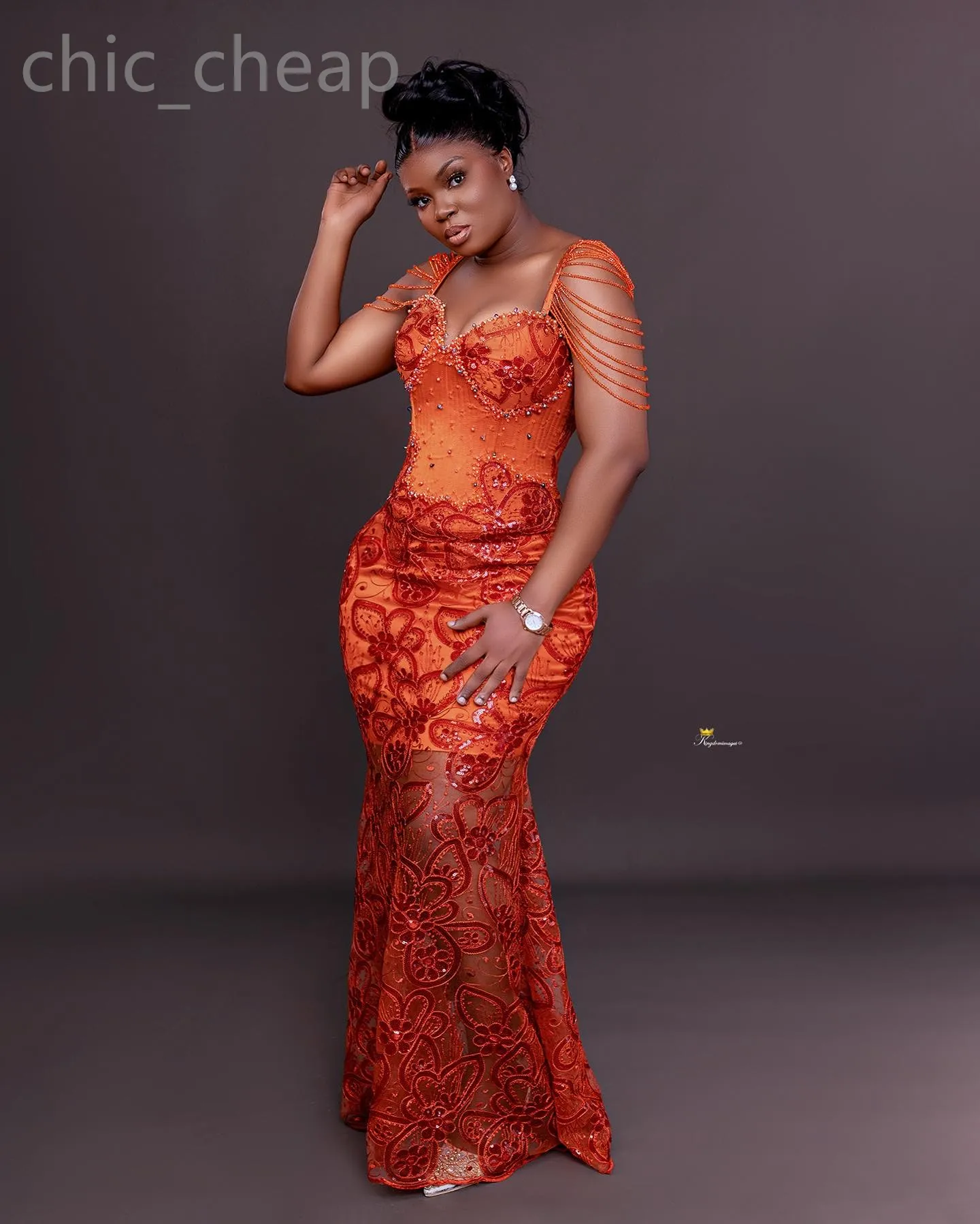 Mermaid Orange Sequined Lace Beaded Orange Sequin Prom Dress Aso Ebi ...