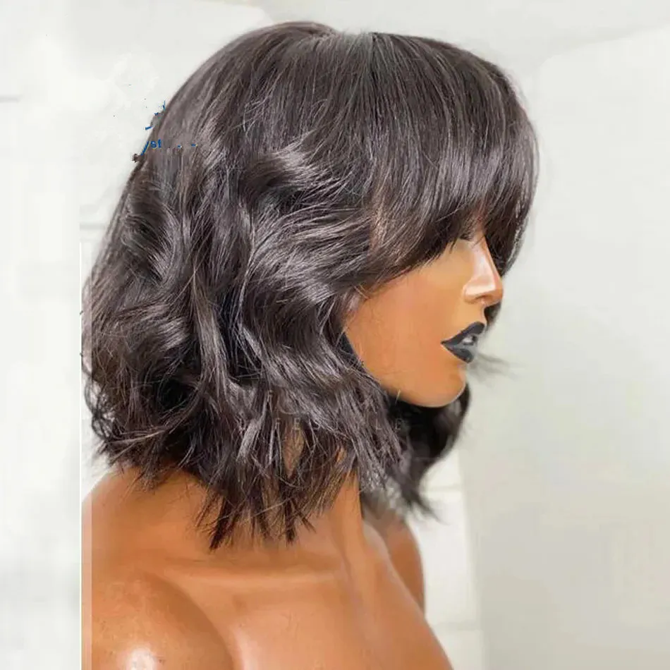 Brand Layered Cut Short Wavy Human Hair Wig Natural Black Bob With ...