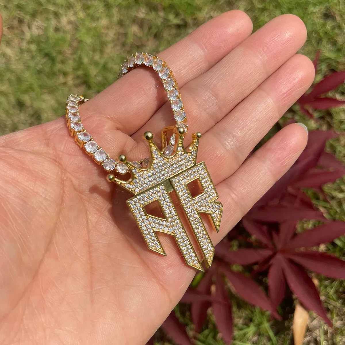 Iced Out Crown Necklace With Bubble Letter And R Letter Pendant In ...