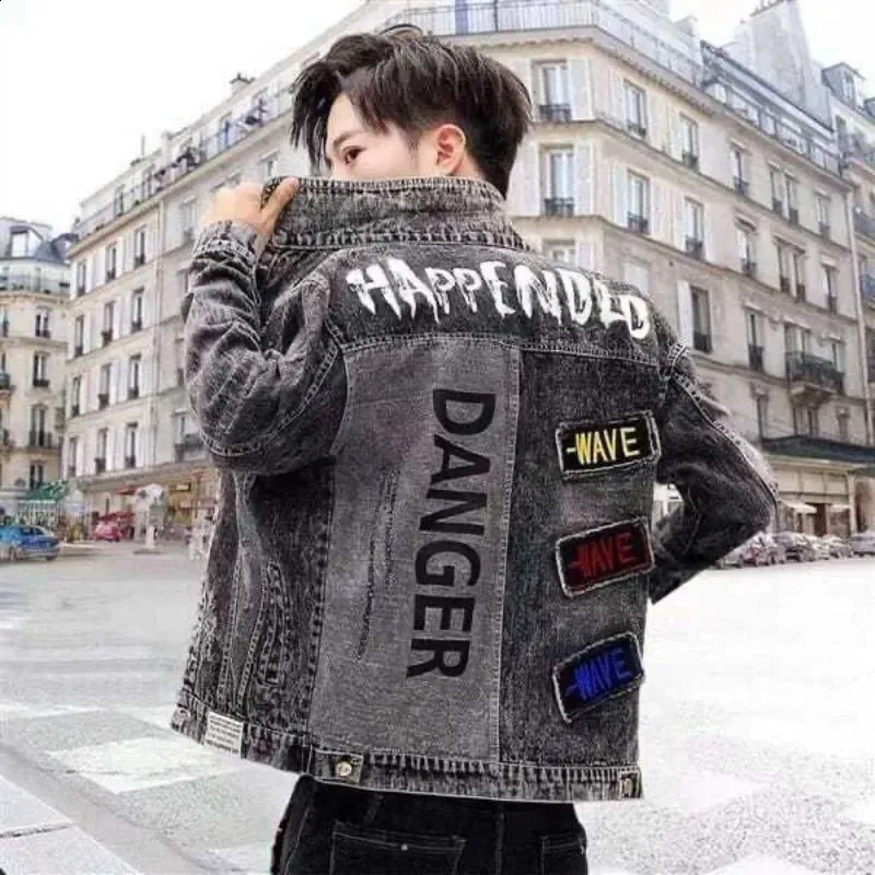 Autumn Men's Denim denim jacket Patch with Spliced Punk Autumn Men's Denim denim jacket Patch with Spliced Punk
