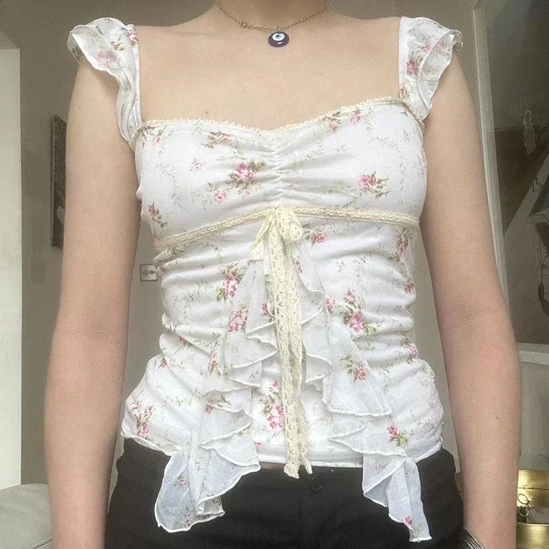 Y2K Coquette Floral Print Tank Top Fairycore Aesthetic Ruffle Lace Up ...