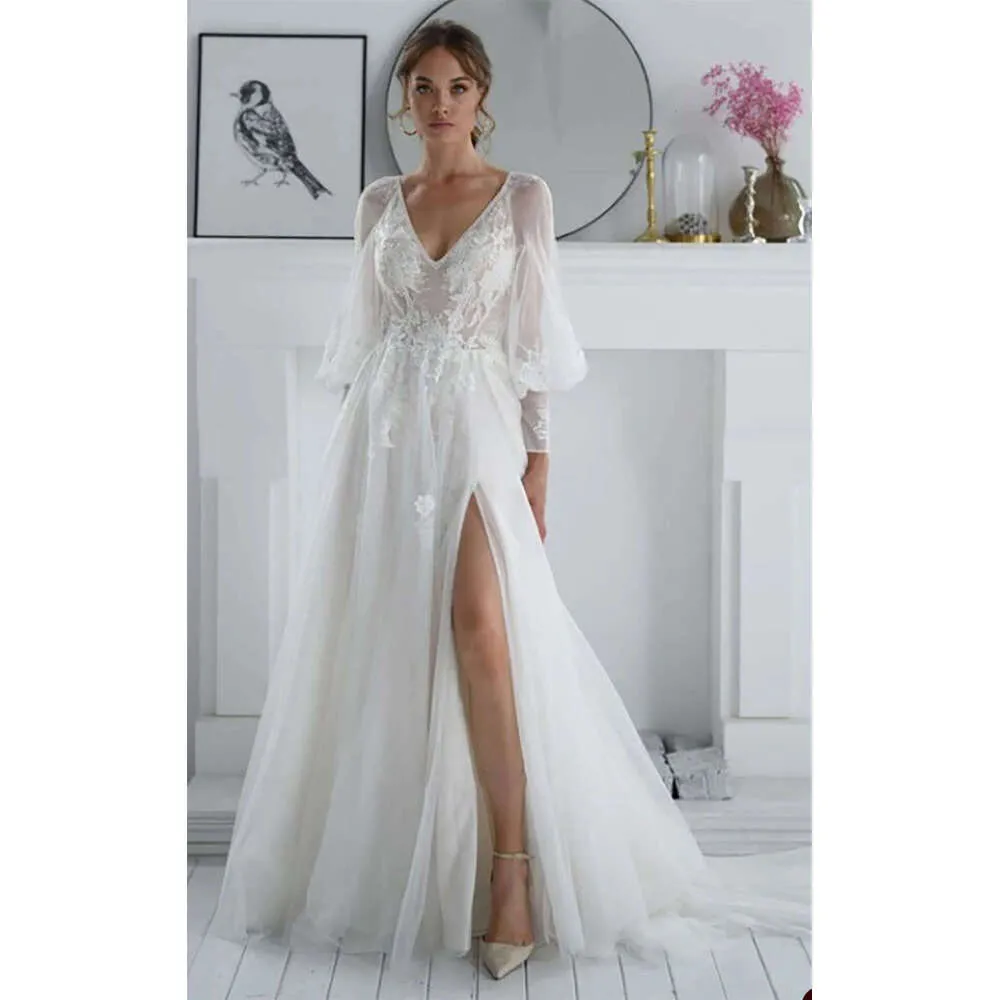 Front Split A Line Gown Wedding Dresses Flowers Appliques Lace Bridal ...
