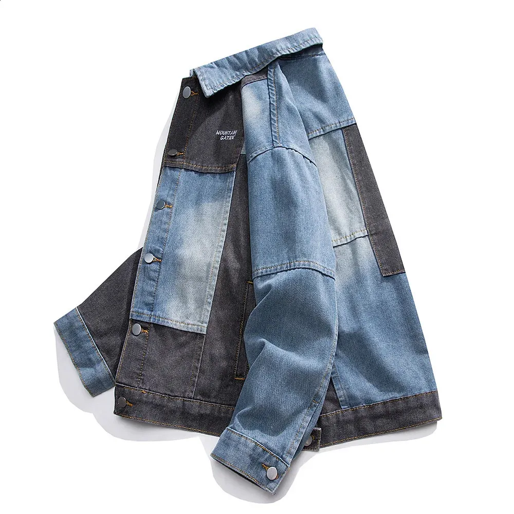 Mens Patchwork Denim Jacket: Embroidered, Long Sleeve, Casual & Loose ...