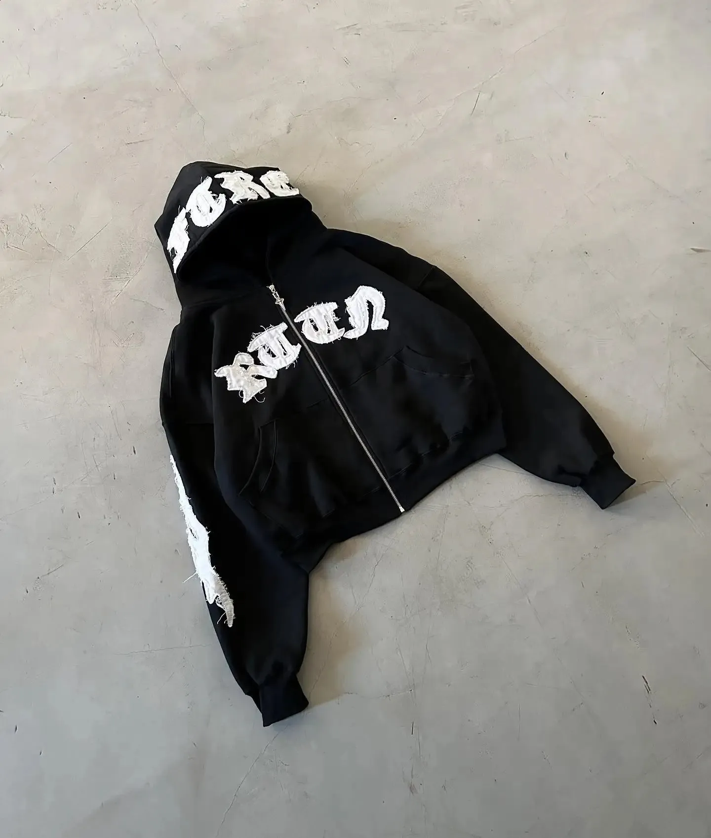 Y2K Gothic Letter Patchwork Zip Up Black Zip Up Hoodie For Y2K Gothic Letter Patchwork Zip Up Black Zip Up Hoodie For