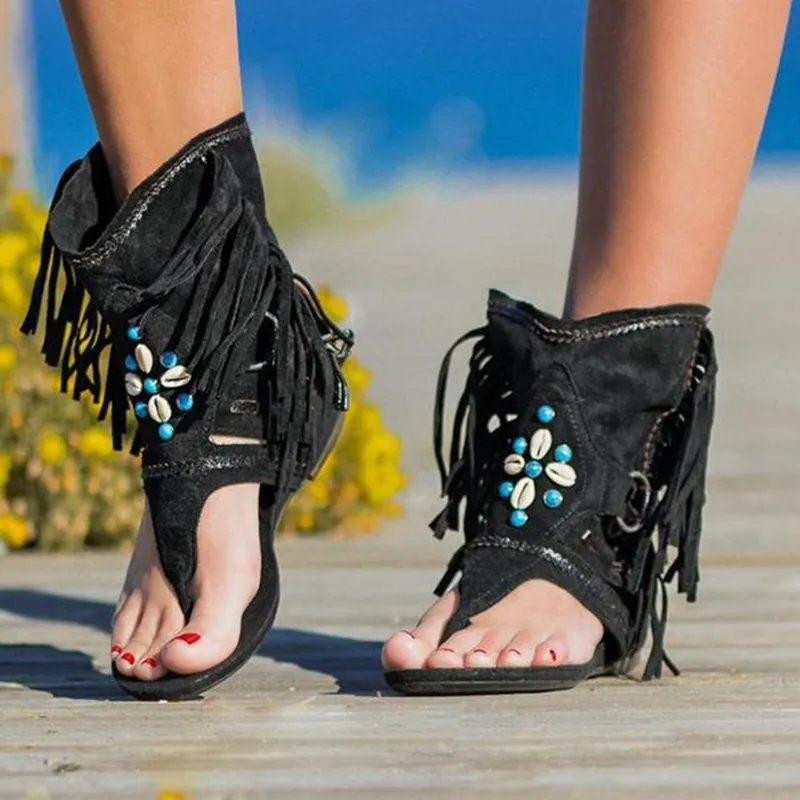 Women s Beaded Western Cowboy Boots Flat Sandals Fringed Plus Size
