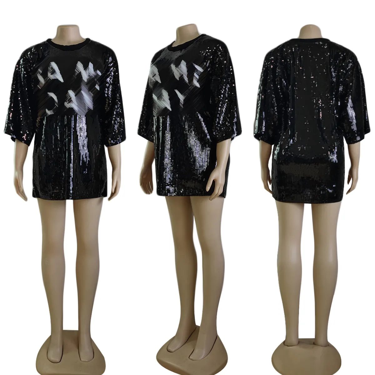 Sparkling Sequin Tunic Dress Women's Round Neck, Hip Hop Style, Short ...