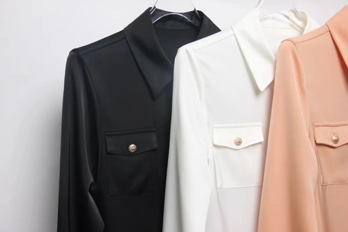 Elegant Lapel Neck Women's Button Blouse - Long Sleeve Pocket Shirt ...