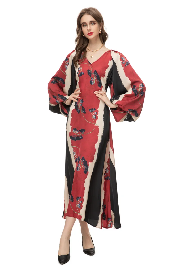 Elegant Floral Print Dress - Women's V-Neck Runway Style, Lace-Up Waist ...