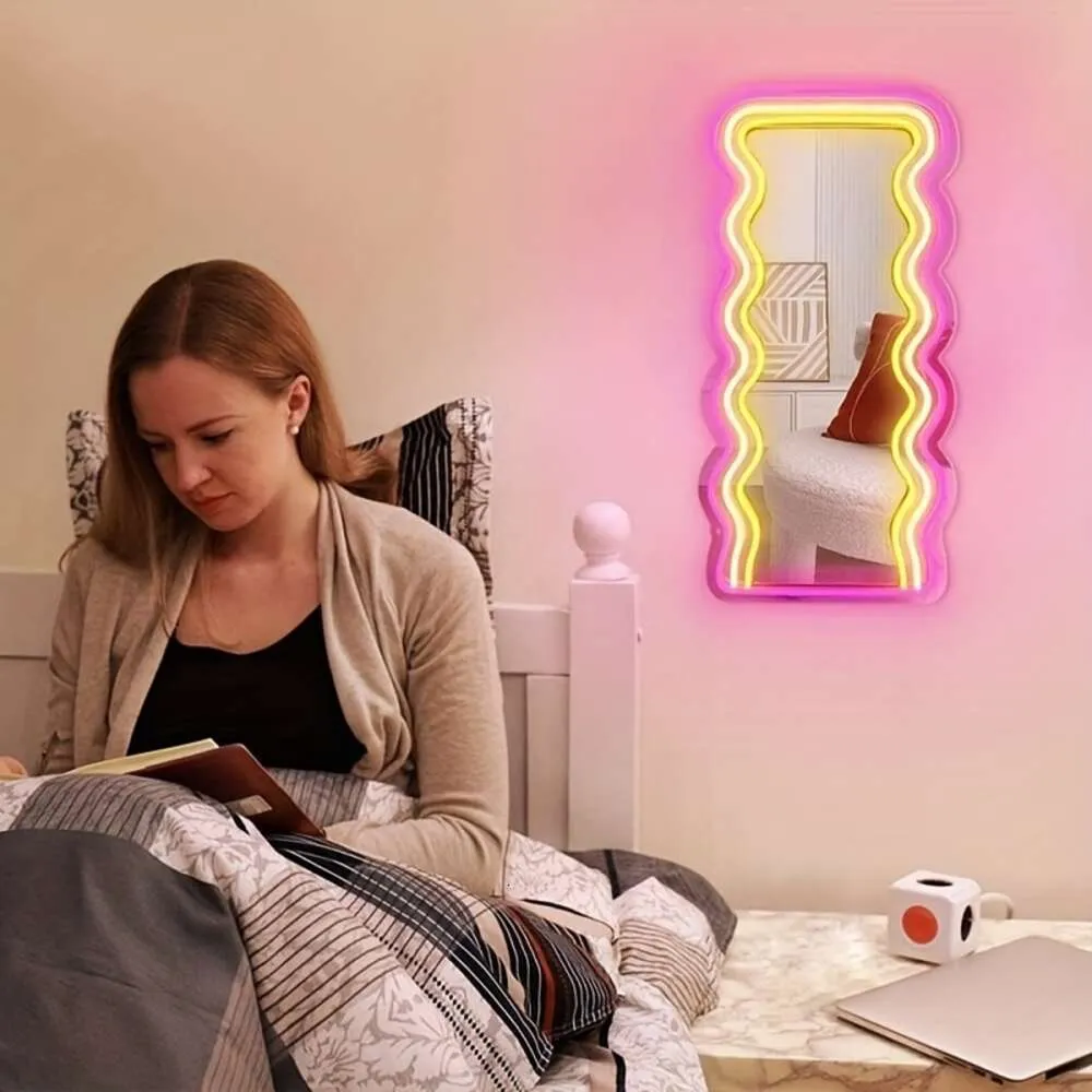 Dimmable LED Wavy Mirror - Irregular Neon Light Vanity Mirror, Wall ...