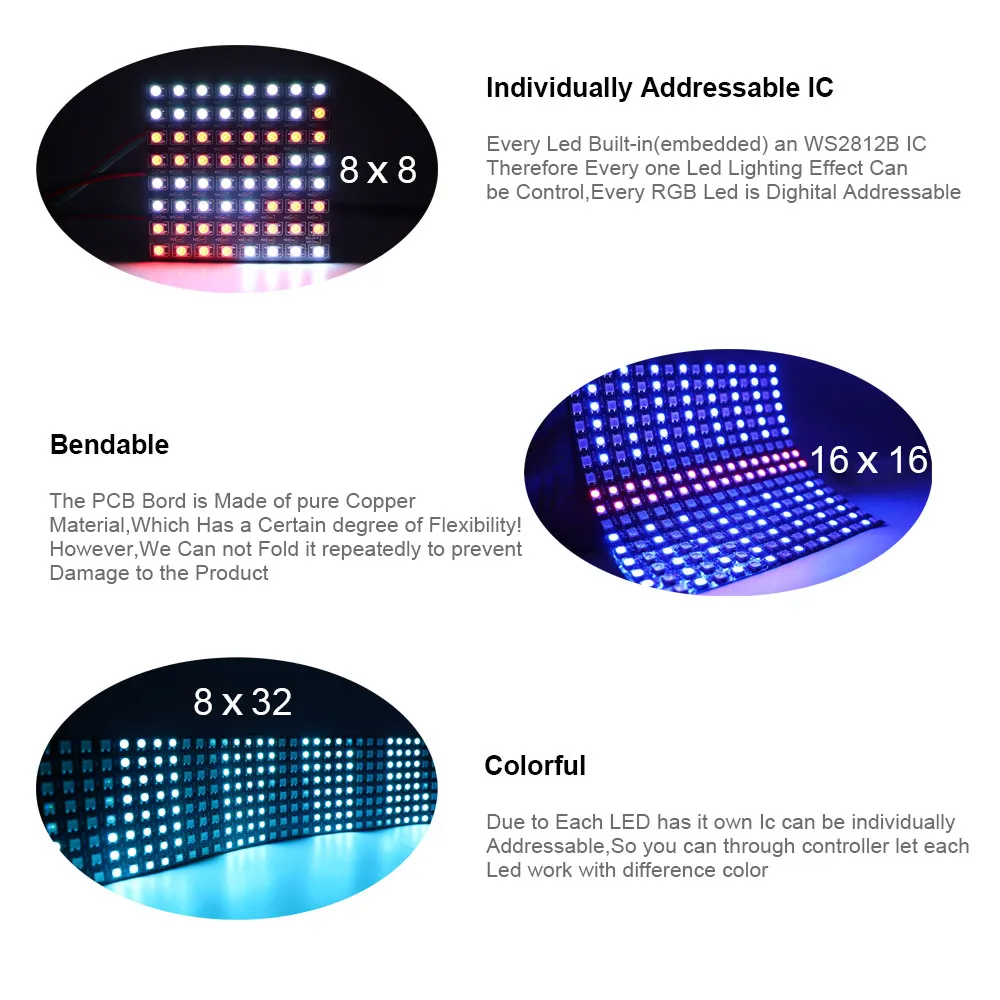 Pack of 1~5 WS2812B Digital LED Flexible Panel, 8x8/16x16/8x32 ...