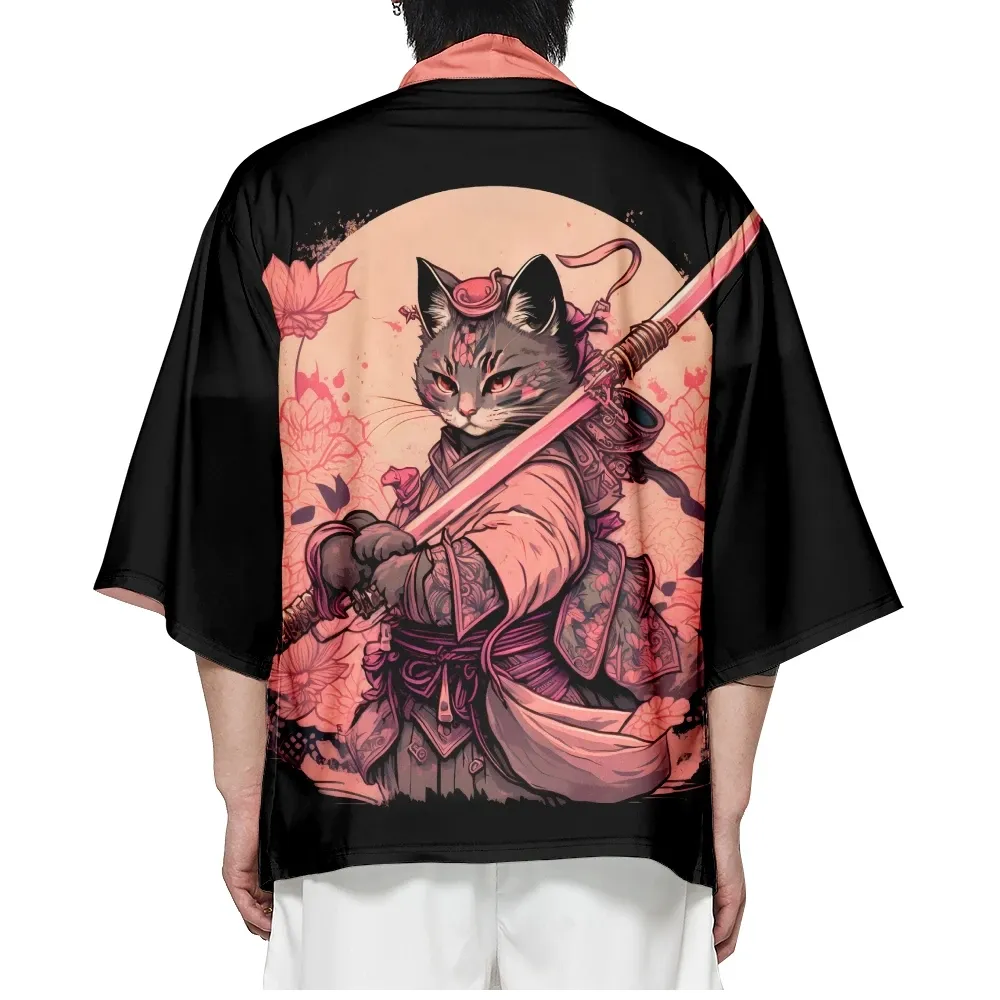 Men's Open Front Kimono Cardigan: Vintage Samurai Cat 3D Print Haori ...