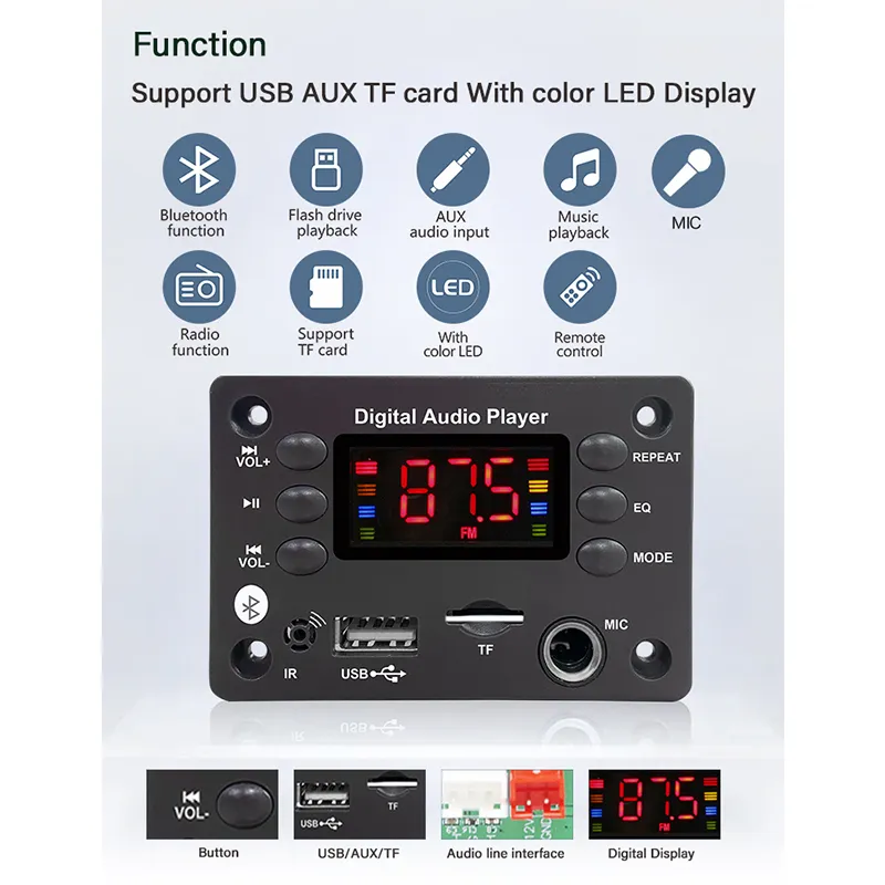 Bluetooth 5.0 MP3 Decoder Board DC 5V 12V Audio Player Hands Free Car Microphone USB TF FM Radio ...