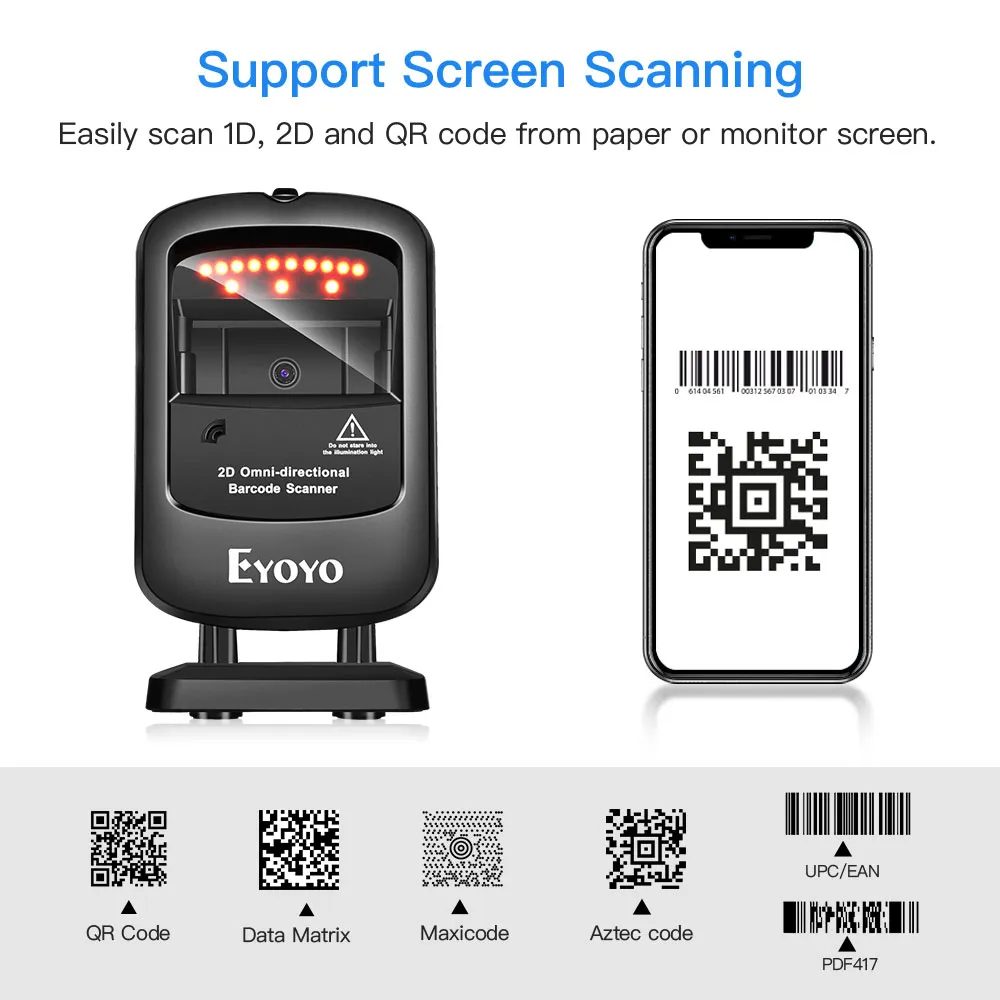 OBZ 1D 2D Desktop Barcode Scanner, QR Code Scanner USB Wired ...