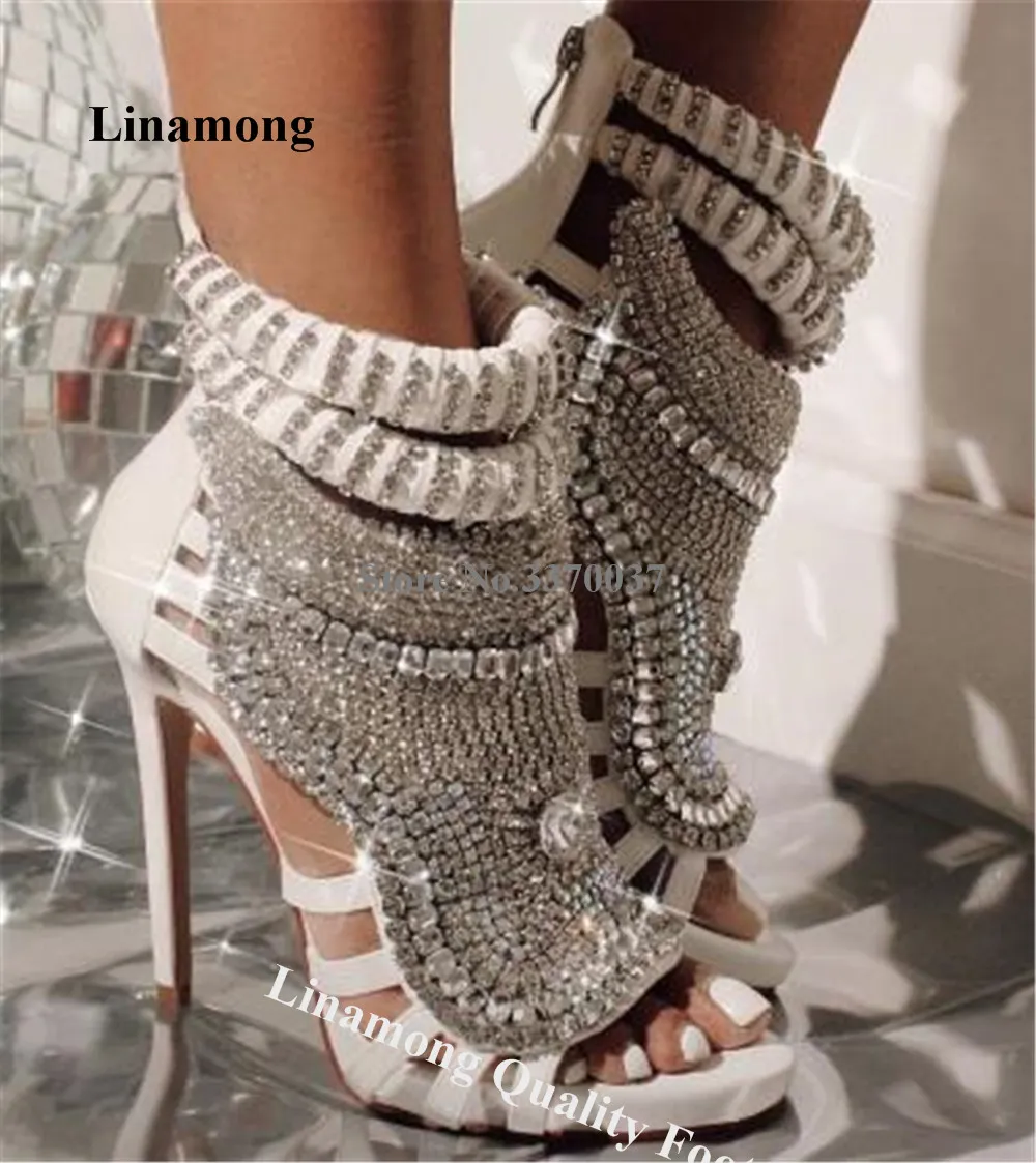 Linamong Bling Bling Rhinestones Cut Out Stiletto Heel Short Boots Open ...